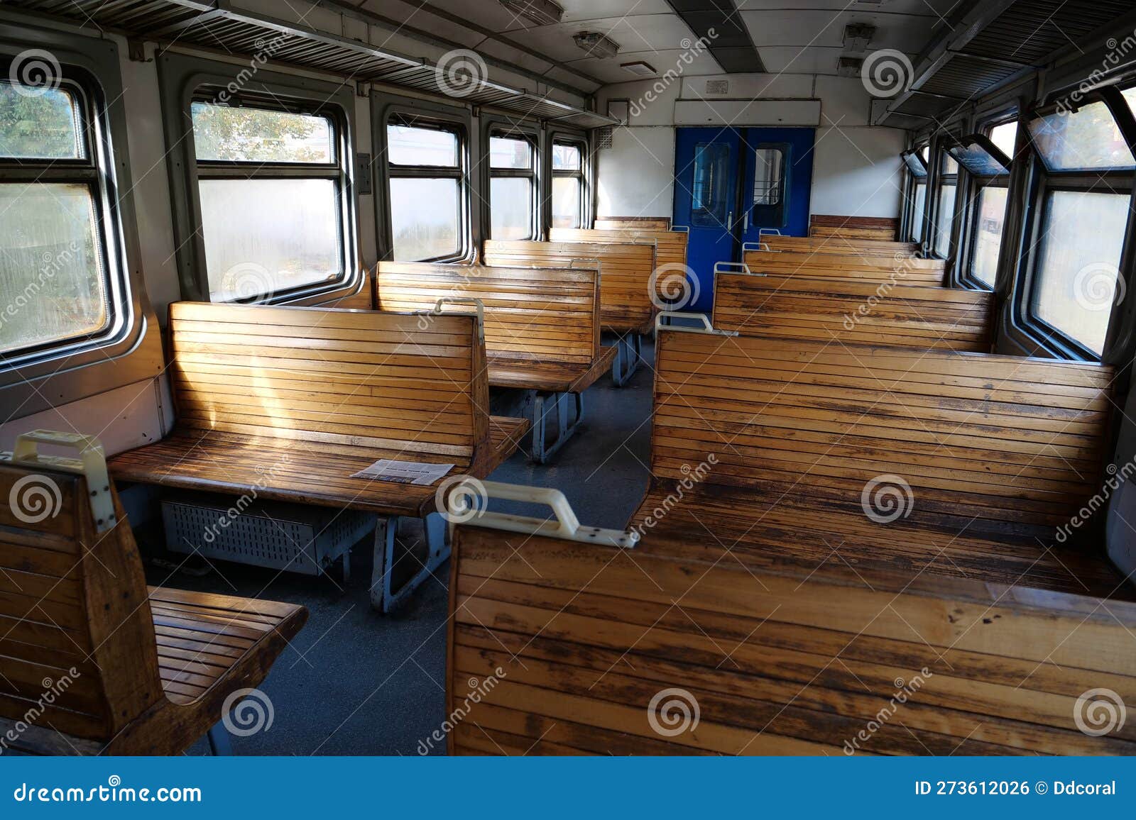 Old Empty Wagon of Train. Wooden Seats in an Empty Coach of Train Stock ...