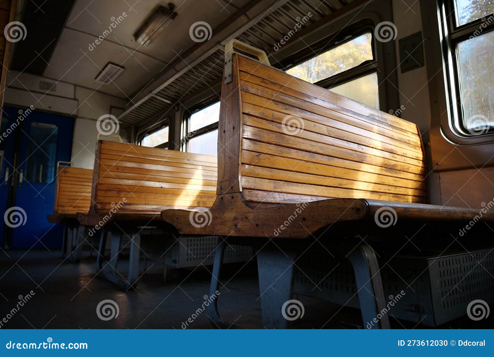 Old Empty Wagon of Train. Wooden Seats in an Empty Coach of Train Stock ...