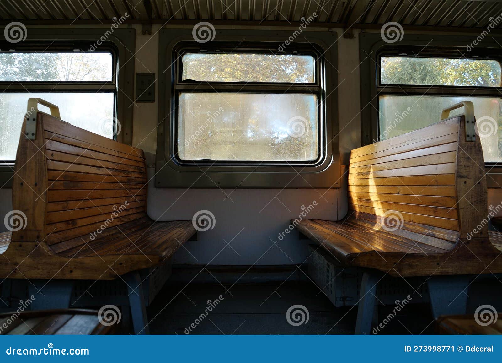 Old Empty Wagon of Train. Wooden Seats in an Empty Coach of Train Stock ...