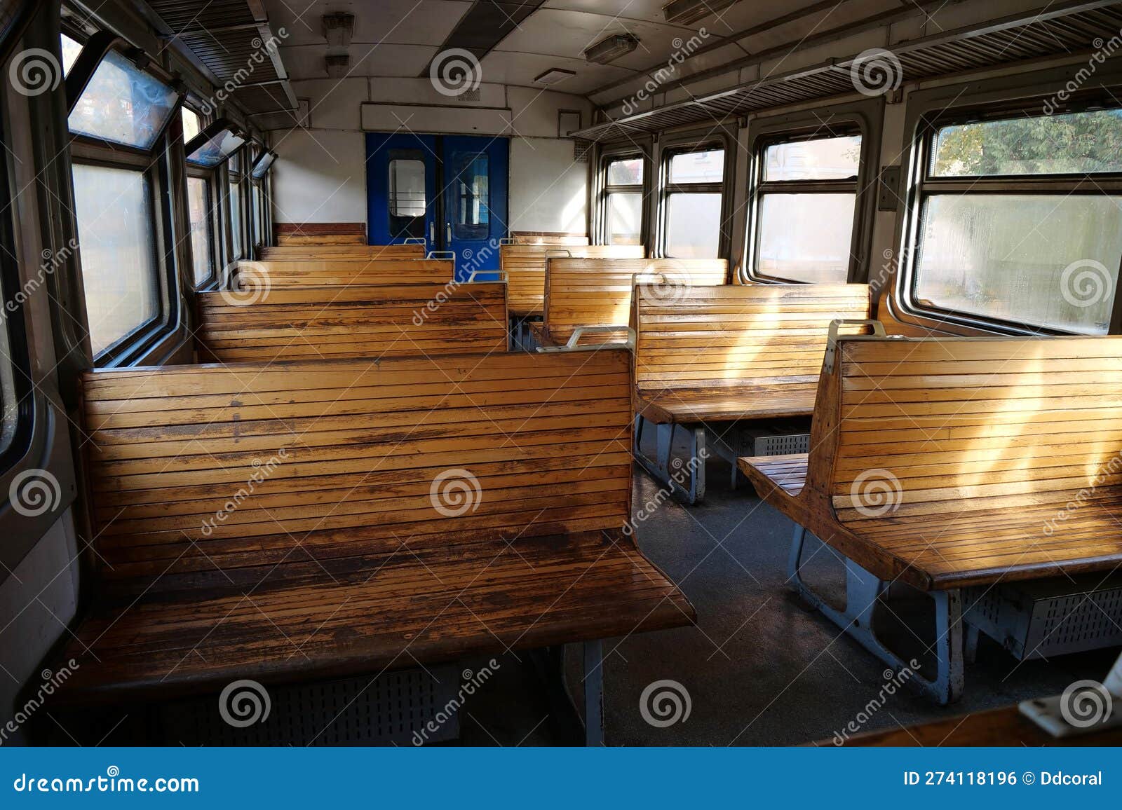 Old Empty Wagon of Train. Wooden Seats in an Empty Coach of Train Stock ...