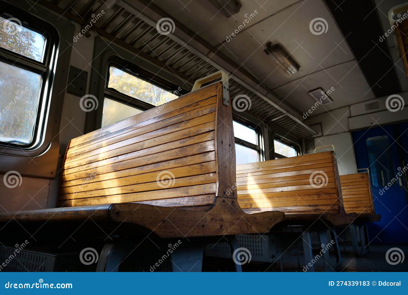 Old Empty Wagon of Train. Wooden Seats in an Empty Coach of Train Stock ...