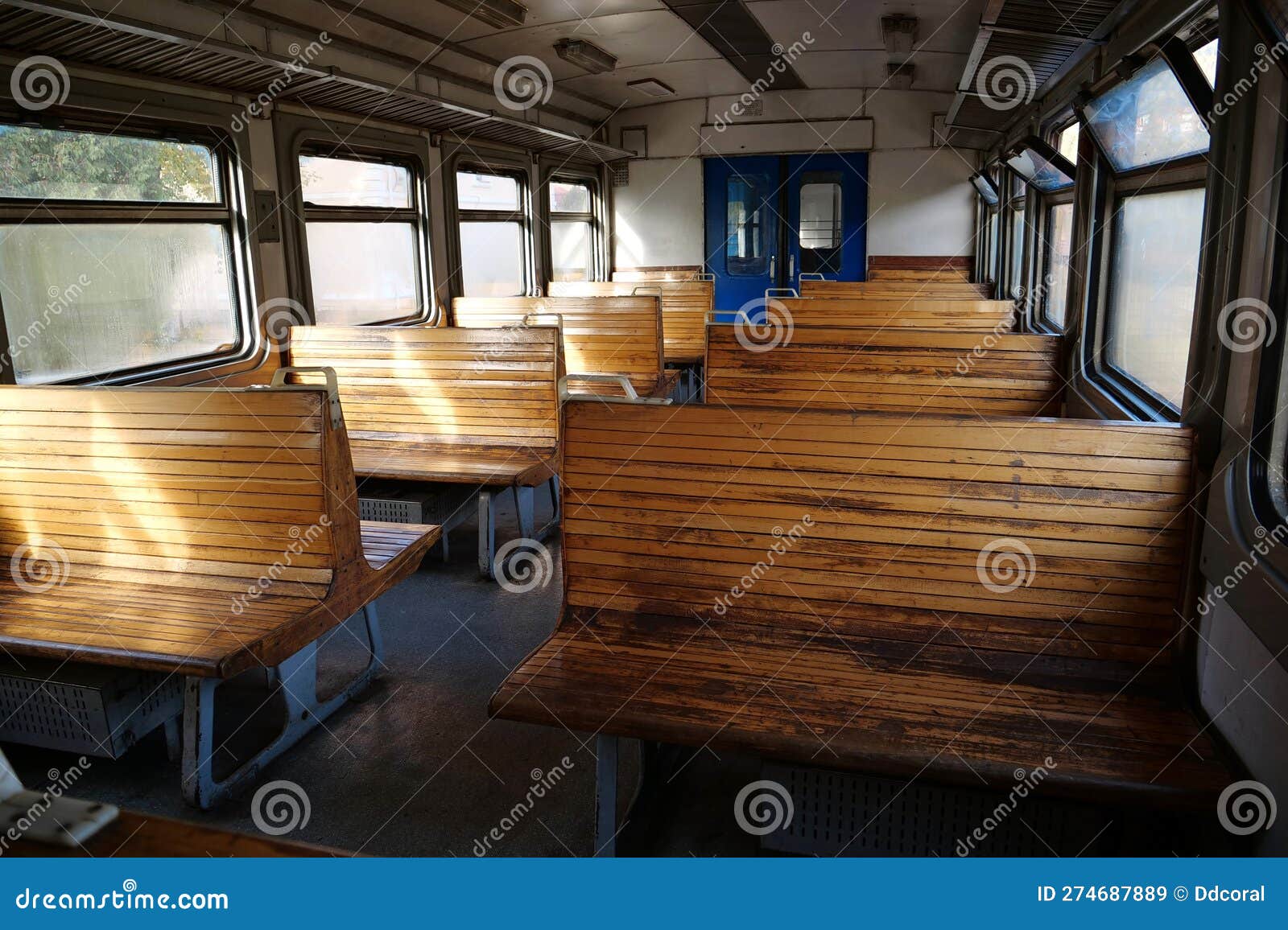 Old Empty Wagon of Train. Wooden Seats in an Empty Coach of Train Stock ...