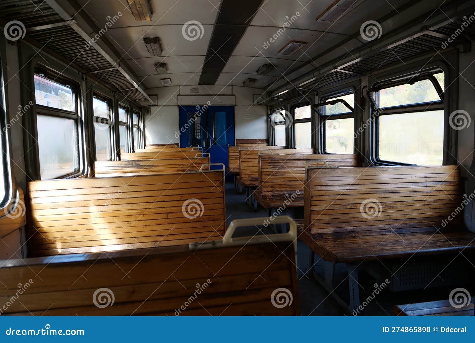 Old Empty Wagon of Train. Wooden Seats in an Empty Coach of Train Stock ...