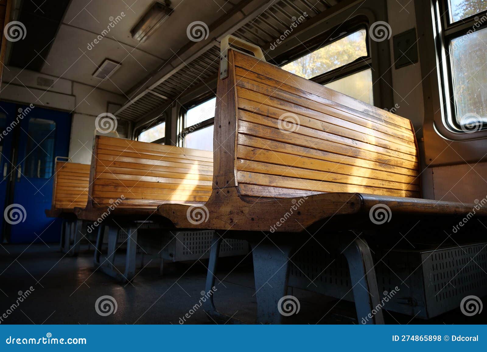 Old Empty Wagon of Train. Wooden Seats in an Empty Coach of Train Stock ...