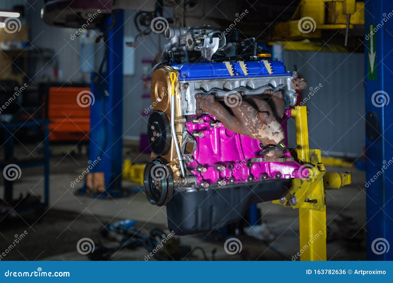 Old Engine after Overhaul in Car Workshop Stock Photo - Image of engine ...