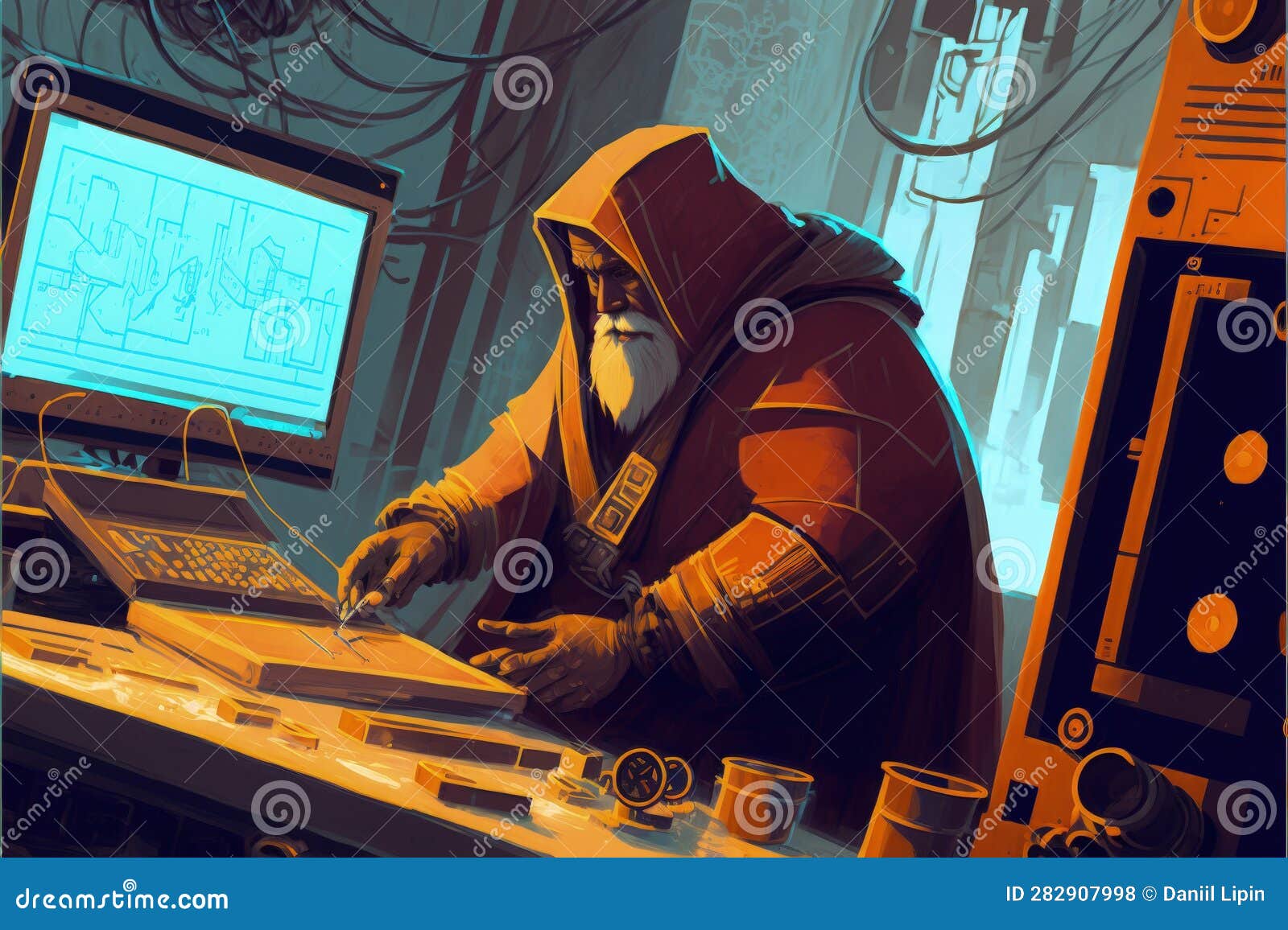 An Old Engineer Working on a Futuristic Sculpture in a Sci-fi Setting ...