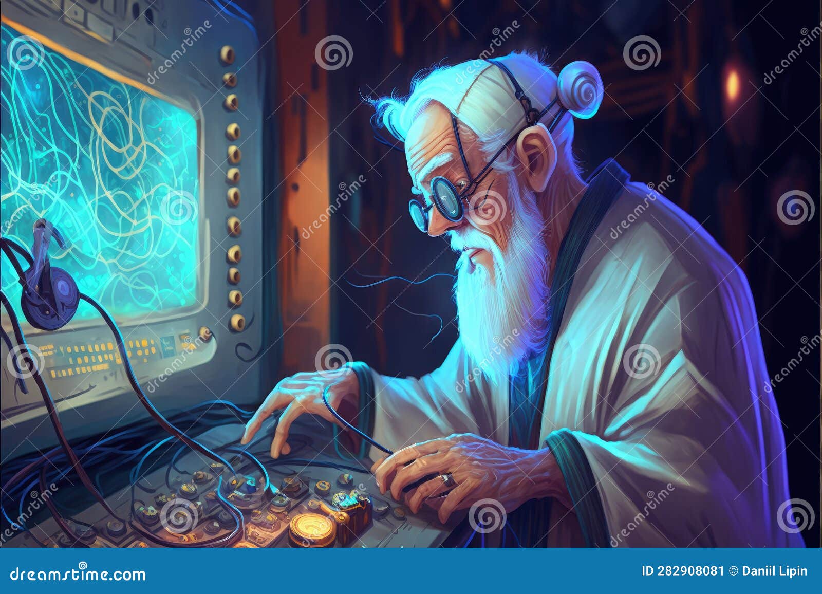 An Old Engineer Working On A Futuristic Sculpture In A Sci-fi Setting ...