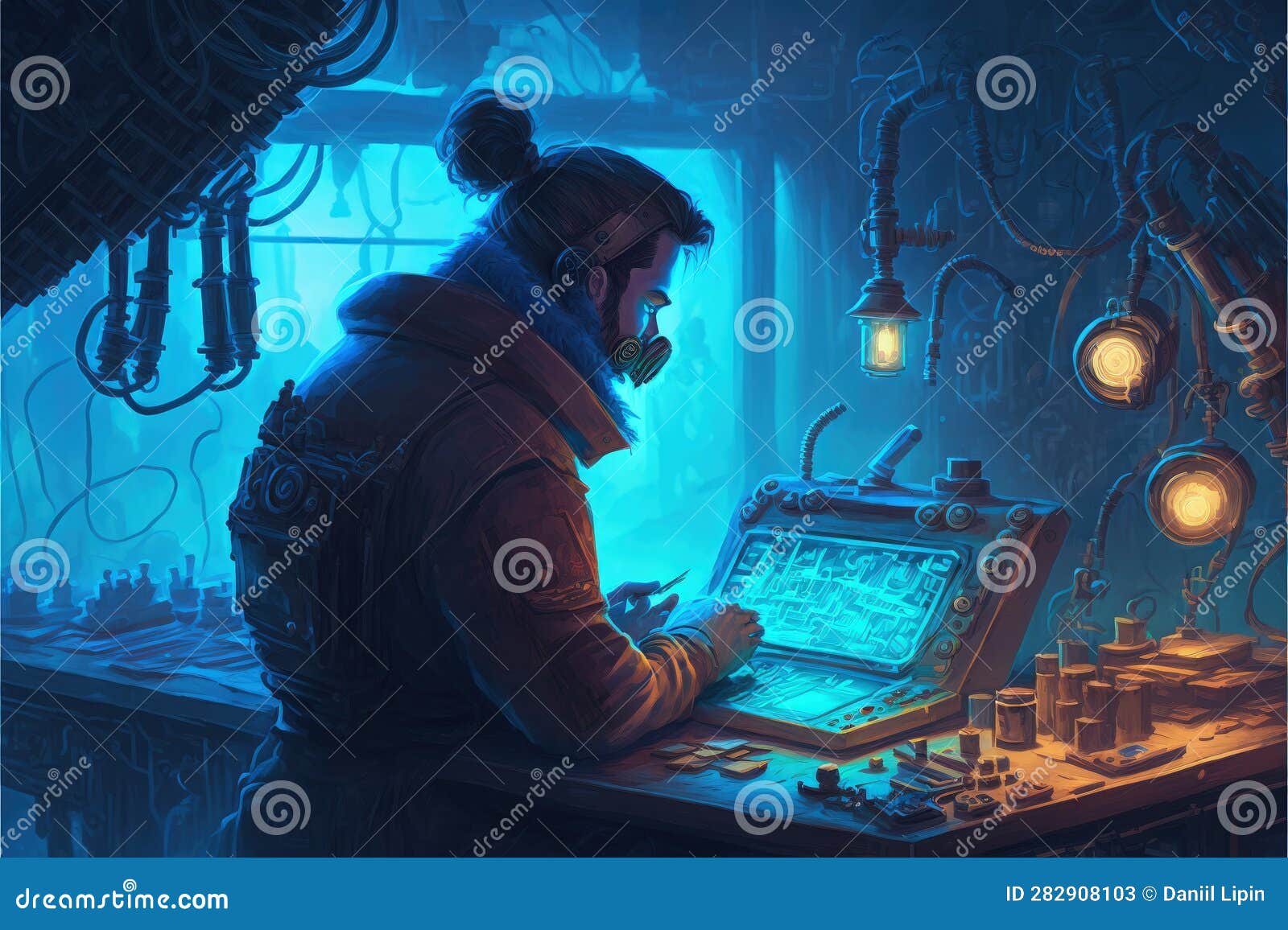 An Old Engineer Working on a Futuristic Sculpture in a Sci-fi Setting ...