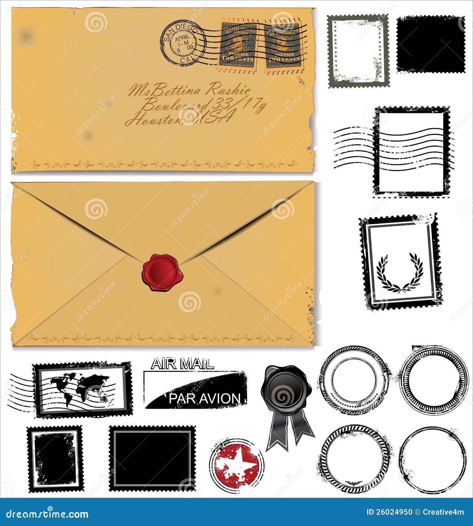 Old Envelope and Postage Stamp Set Stock Illustration - Illustration of ...