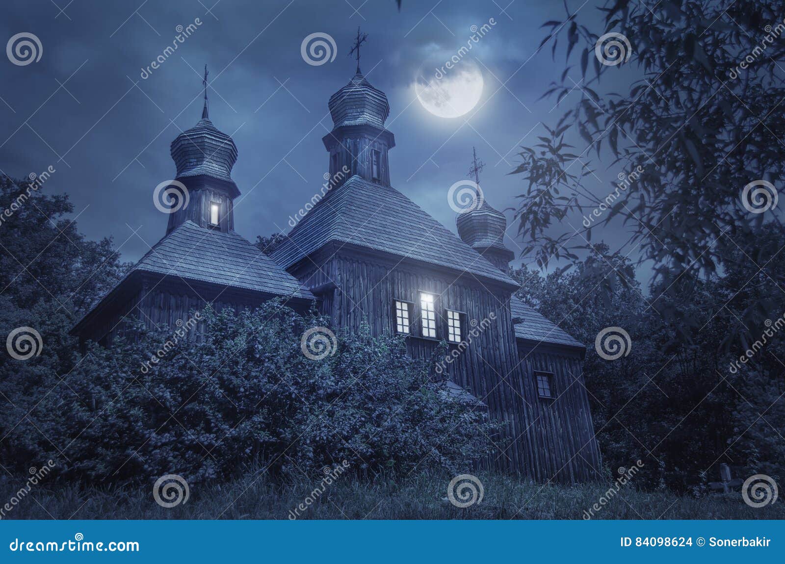Old European Church in a Full Moon Stock Illustration - Illustration of ...