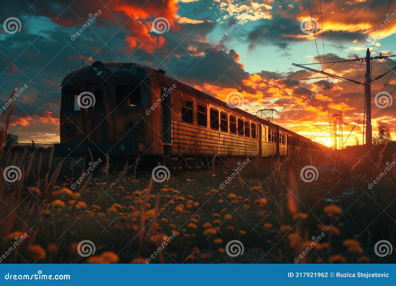 The Old Express Train Cars in the Field at Sunset Ai Photo Stock ...