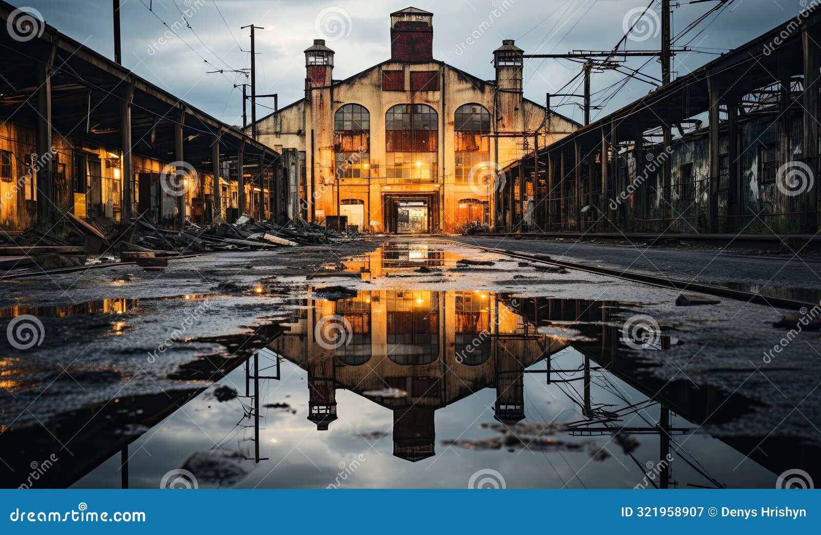 Old Factory Building with Puddle in Front Stock Image - Image of rusty ...