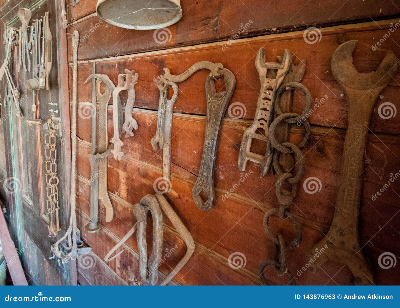 Old Farm Tools Hung on a Wall Stock Image - Image of grain, steel ...