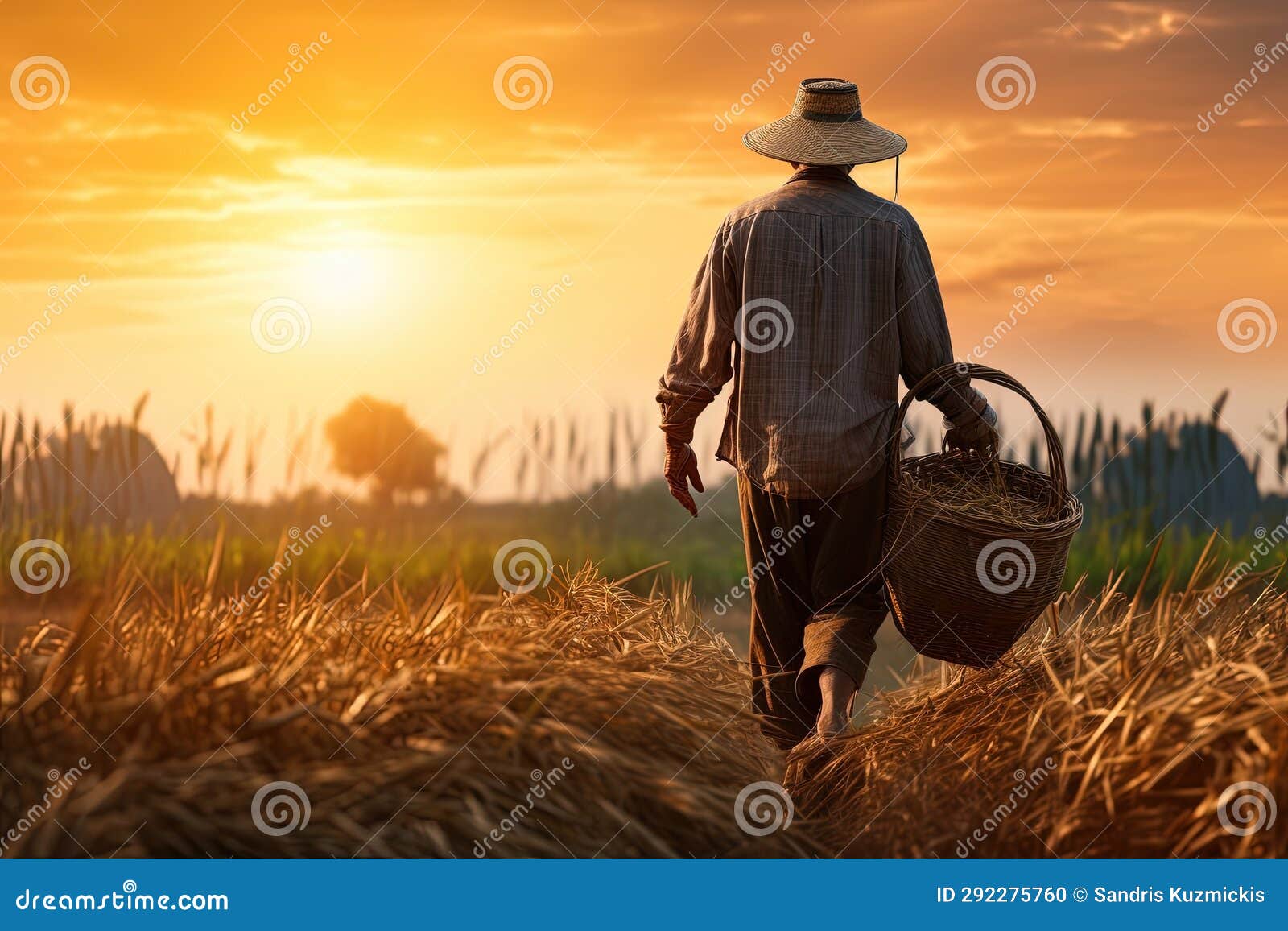 Old Farmer Carrying a Basket of Rice in the Field. Generative AI Stock ...