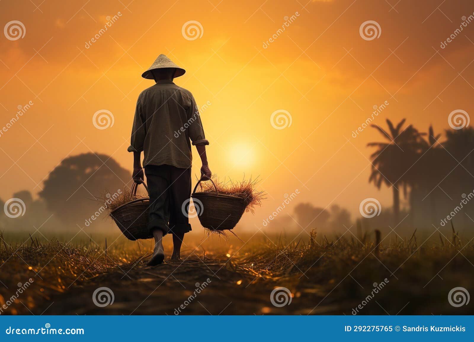 Old Farmer Carrying a Basket of Rice in the Field. Generative AI Stock ...