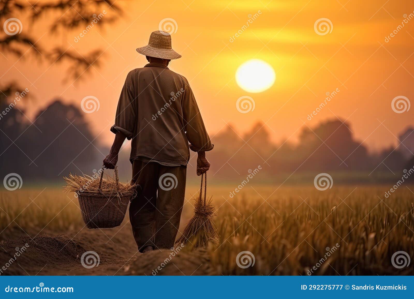 Old Farmer Carrying a Basket of Rice in the Field. Generative AI Stock ...