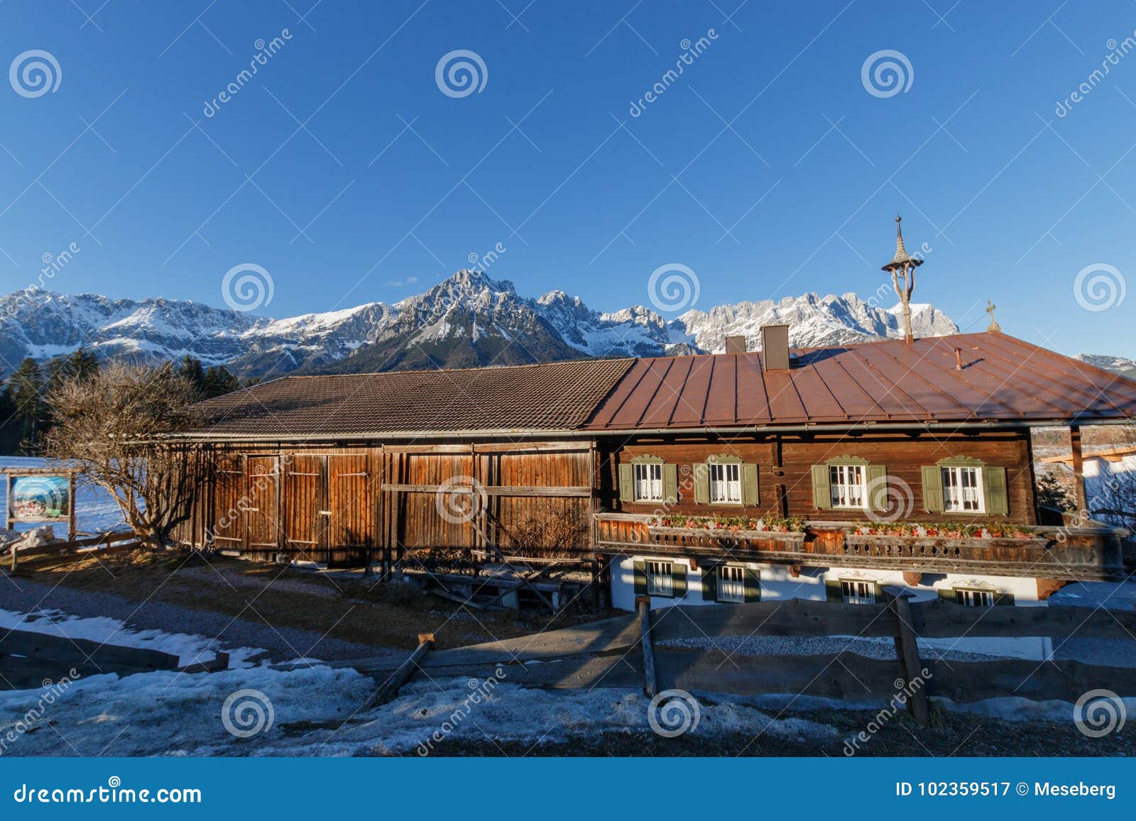 Old Farmhouse in Front of Kaiser Mountains, Austria Stock Image - Image ...