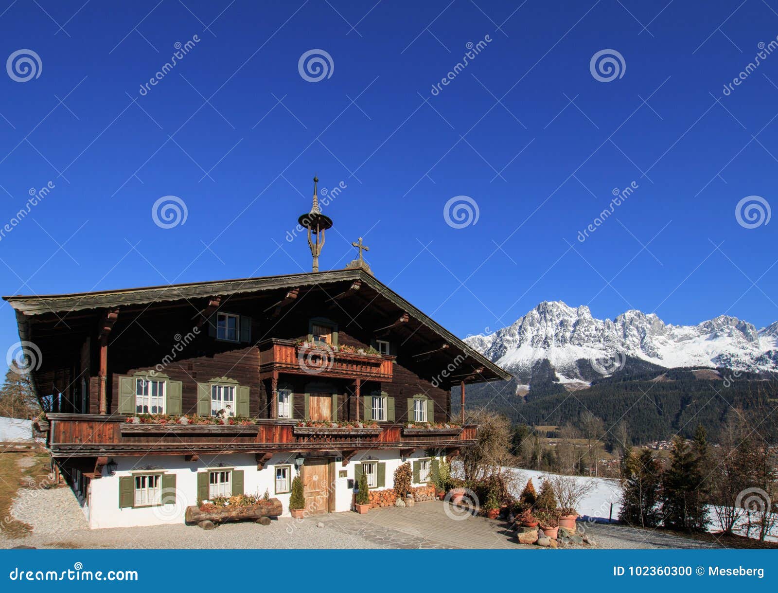 Old Farmhouse in Front of Kaiser Mountains, Austria Stock Photo - Image ...