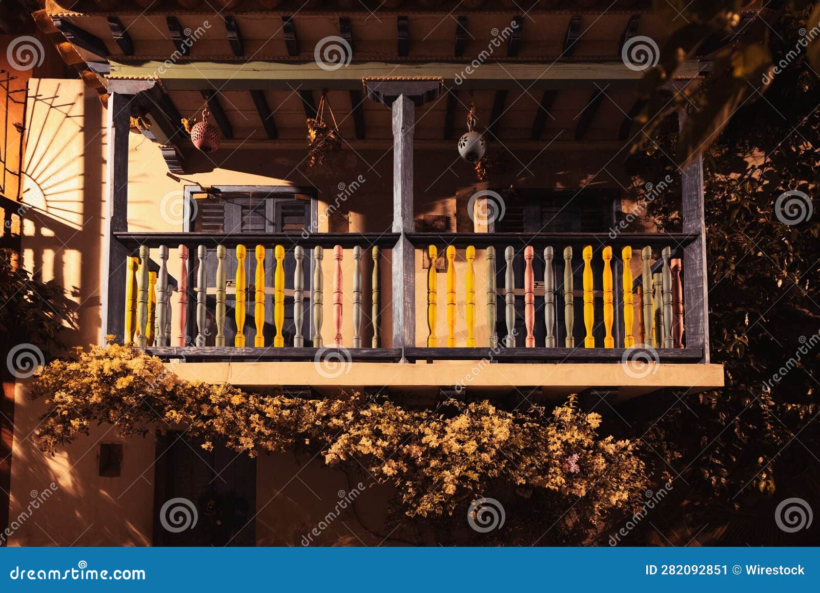 Old-fashioned Balcony with a Bright Colorful Railing. Stock Image ...