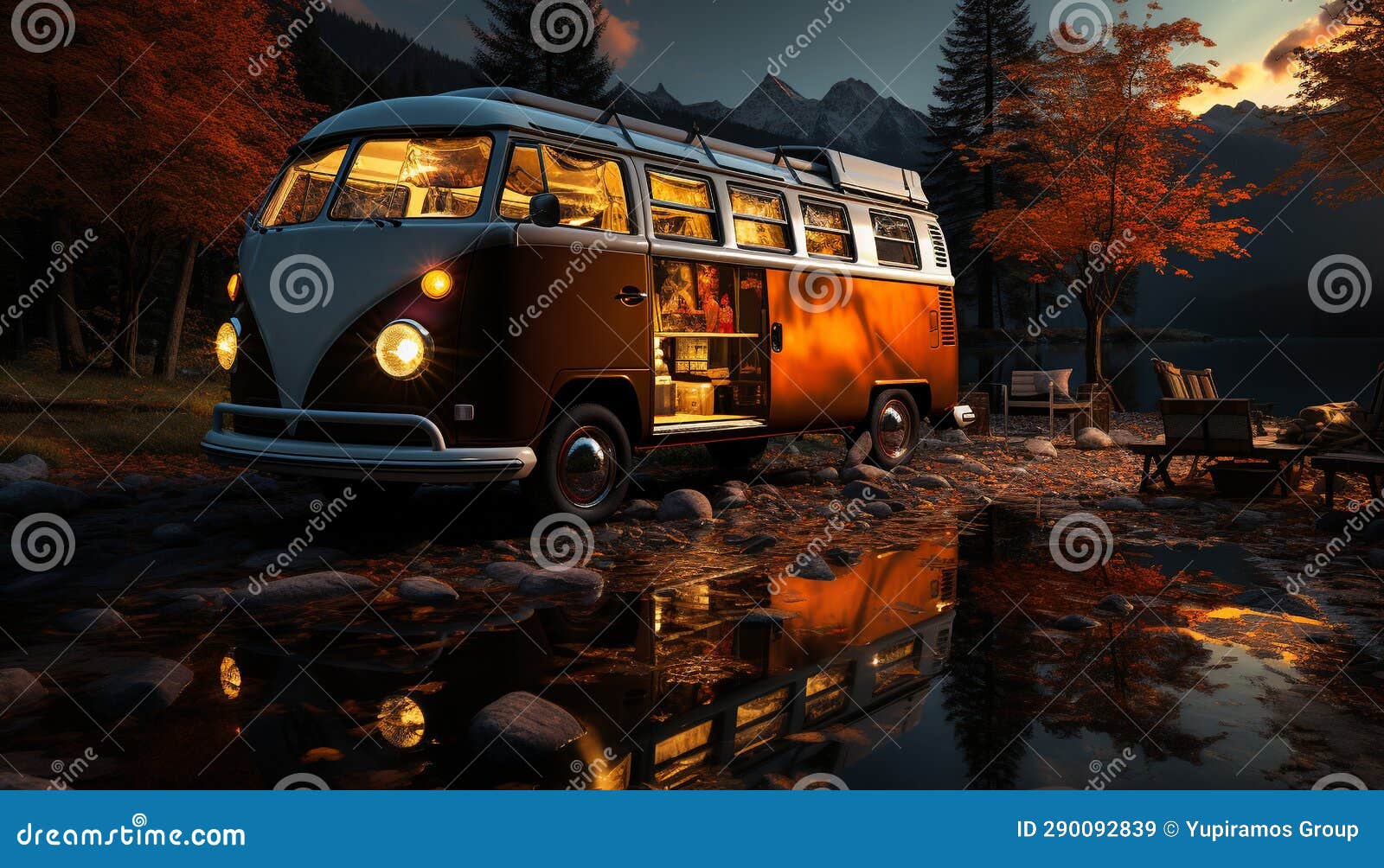 Old Fashioned Bus Drives through the Autumn Forest Generated by AI ...