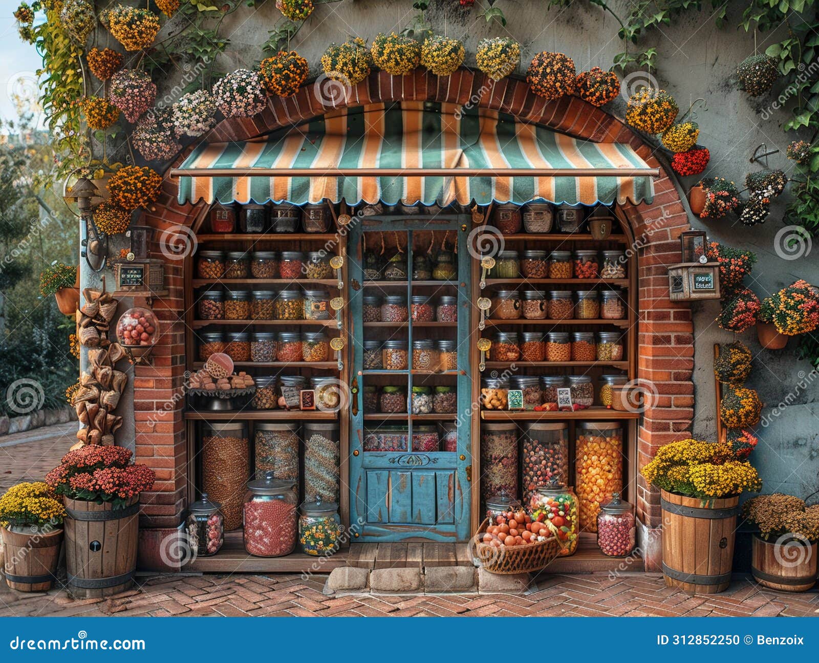 Old-fashioned Candy Shop with Jars of Sweets and a Striped Awning Stock ...