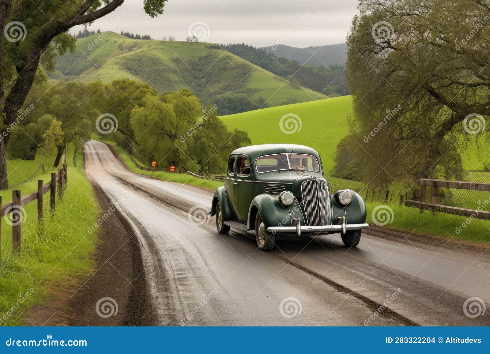 Old-fashioned Car on Country Road, with Rolling Hills in the Background ...