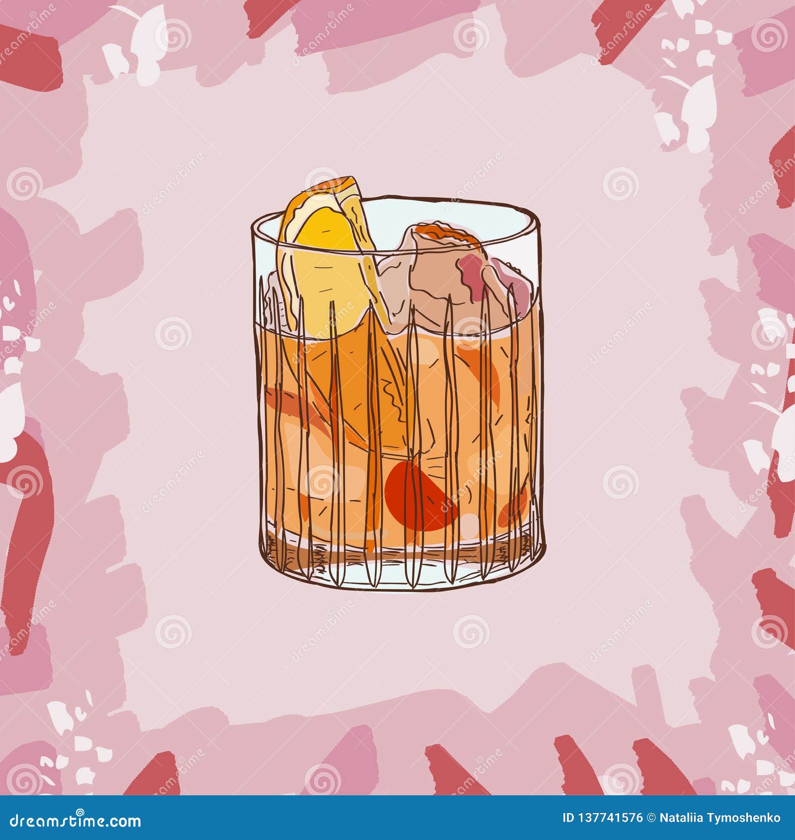 Old Fashioned Cocktail Illustration Alcoholic Bar Drink Hand Drawn