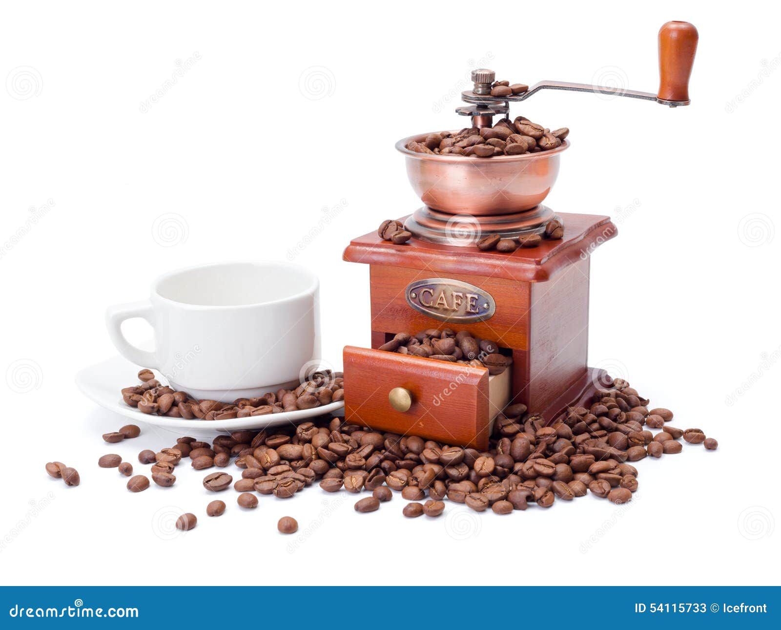Old Fashioned Coffee Ginder with Cup and Beans Stock Image - Image of ...
