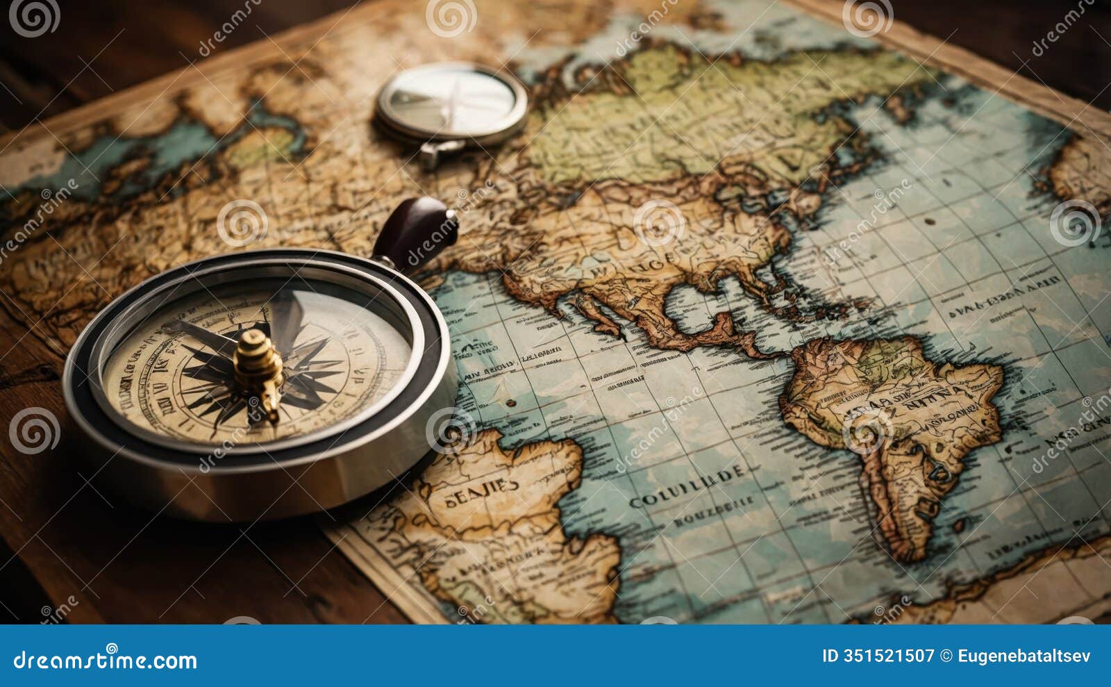 Old-fashioned Compass Resting on Map of Uncharted Lands Stock Image ...