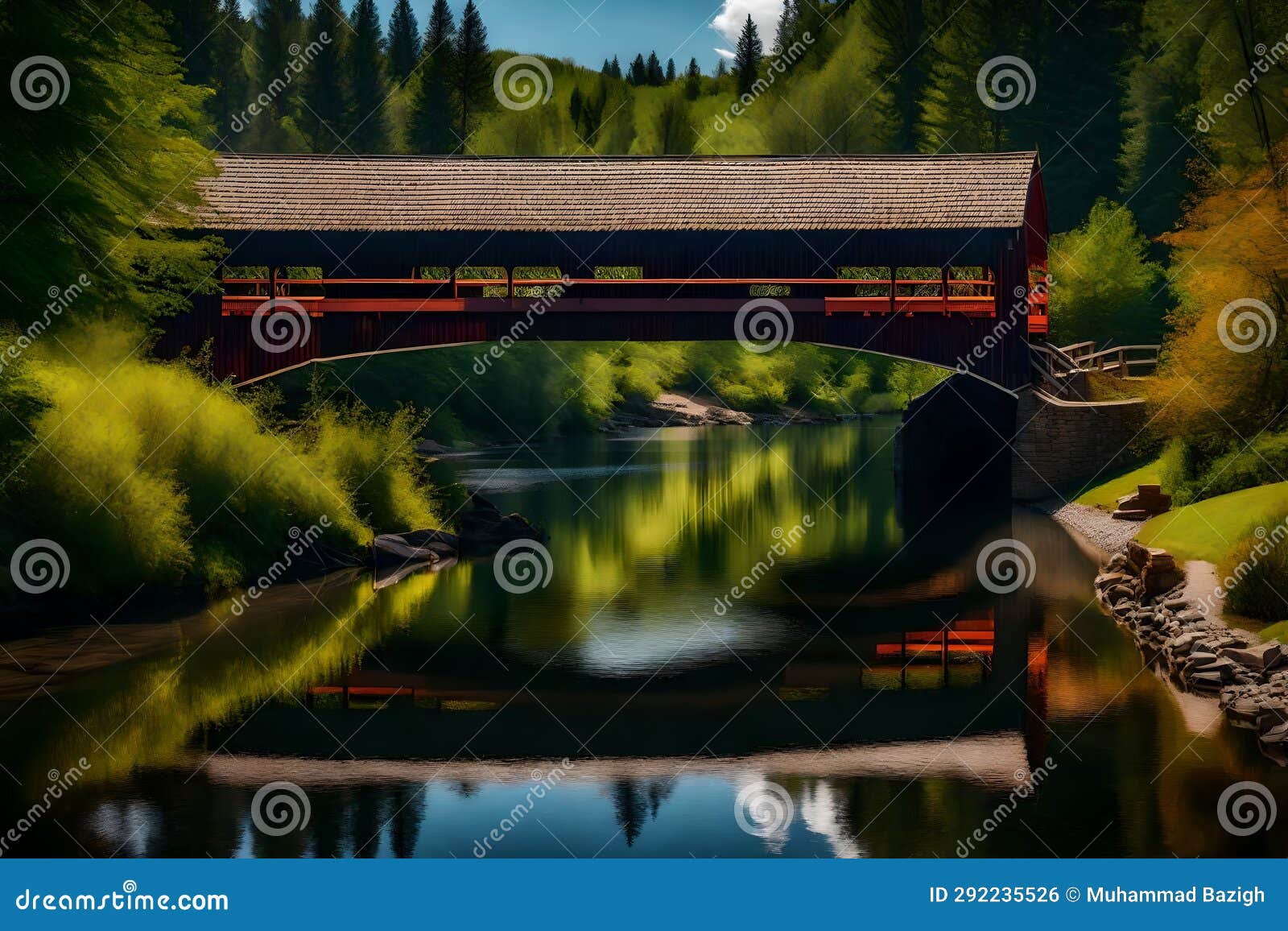 An Old-fashioned Covered Bridge Over a Peaceful Creek. Stock ...