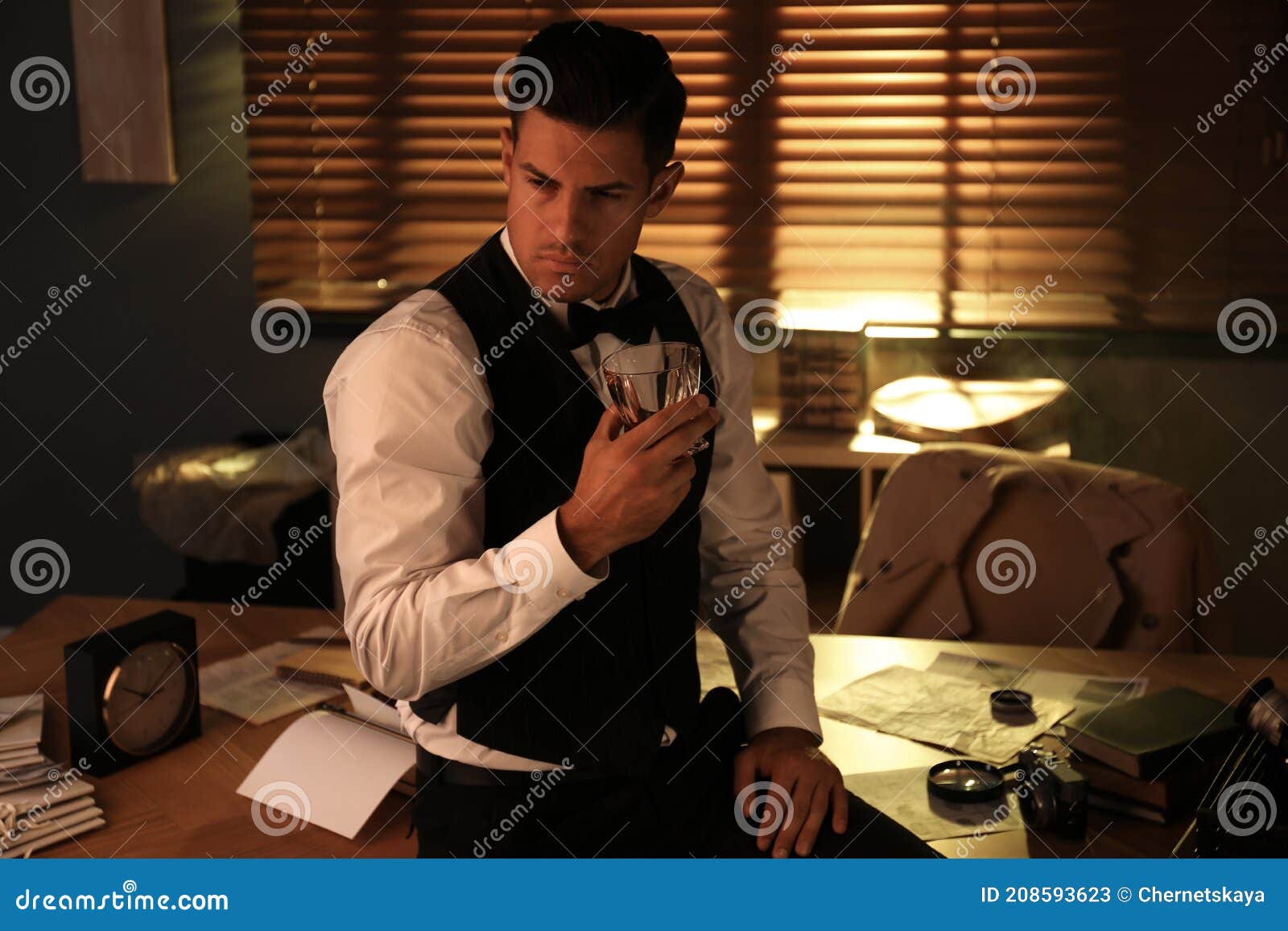 Old Fashioned Detective with Drink in Office Stock Image - Image of ...