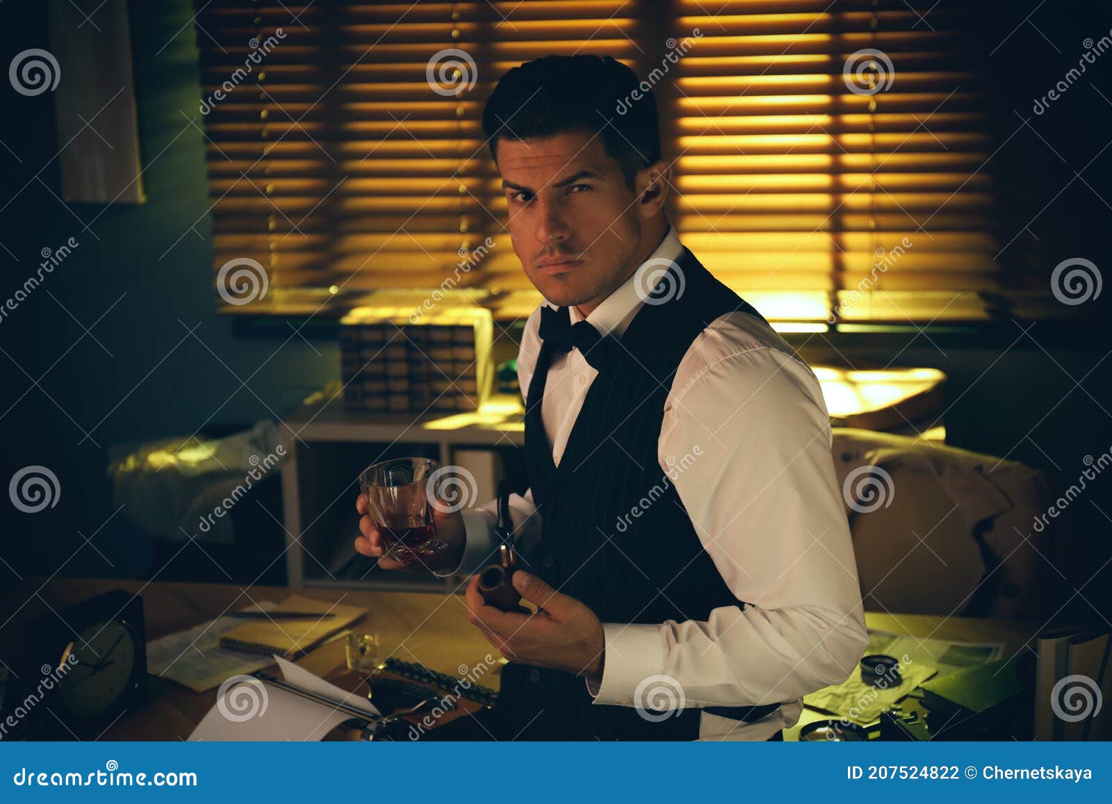 Old Fashioned Detective with Drink and Smoking Pipe in Office Stock ...
