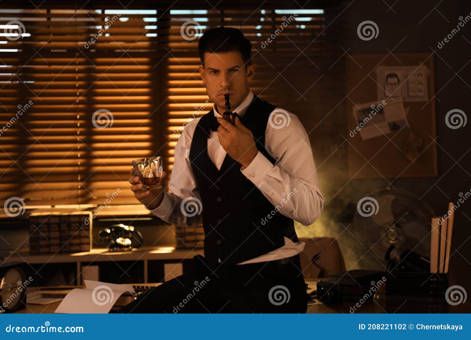 Old Fashioned Detective with Drink and Smoking Pipe in Office Stock ...