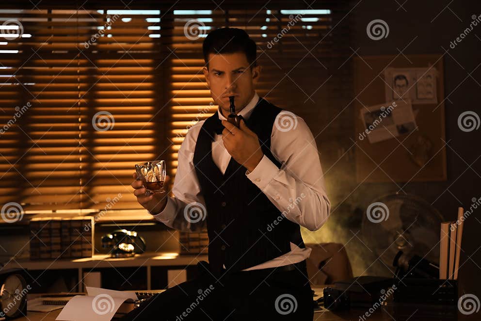 Old Fashioned Detective with Drink and Smoking Pipe in Office Stock ...