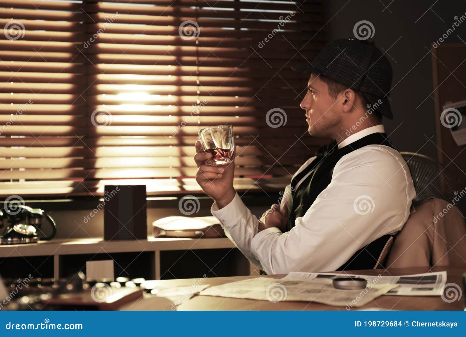 Old Fashioned Detective with Drink at Table Stock Photo - Image of ...
