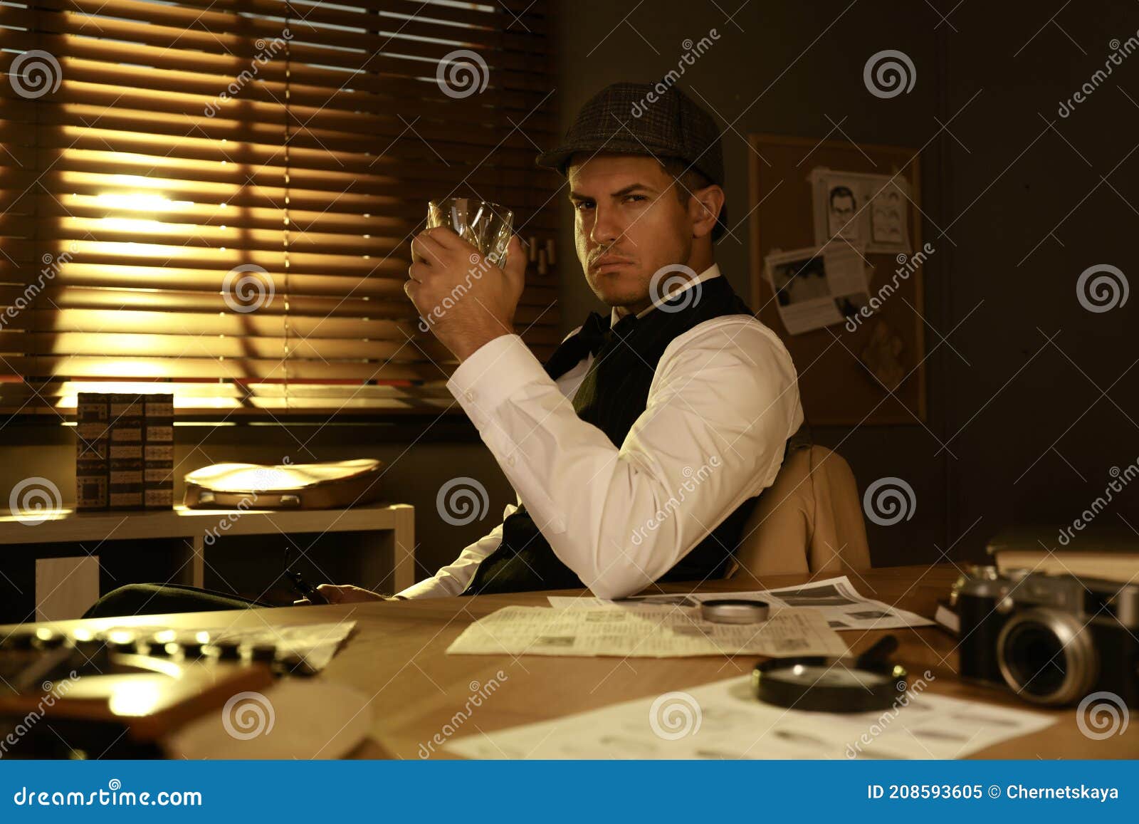 Old Fashioned Detective with Drink at Table in Office Stock Image ...