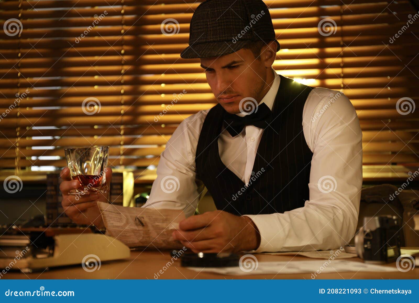 Old Fashioned Detective with Drink Working at Table in Office Stock ...