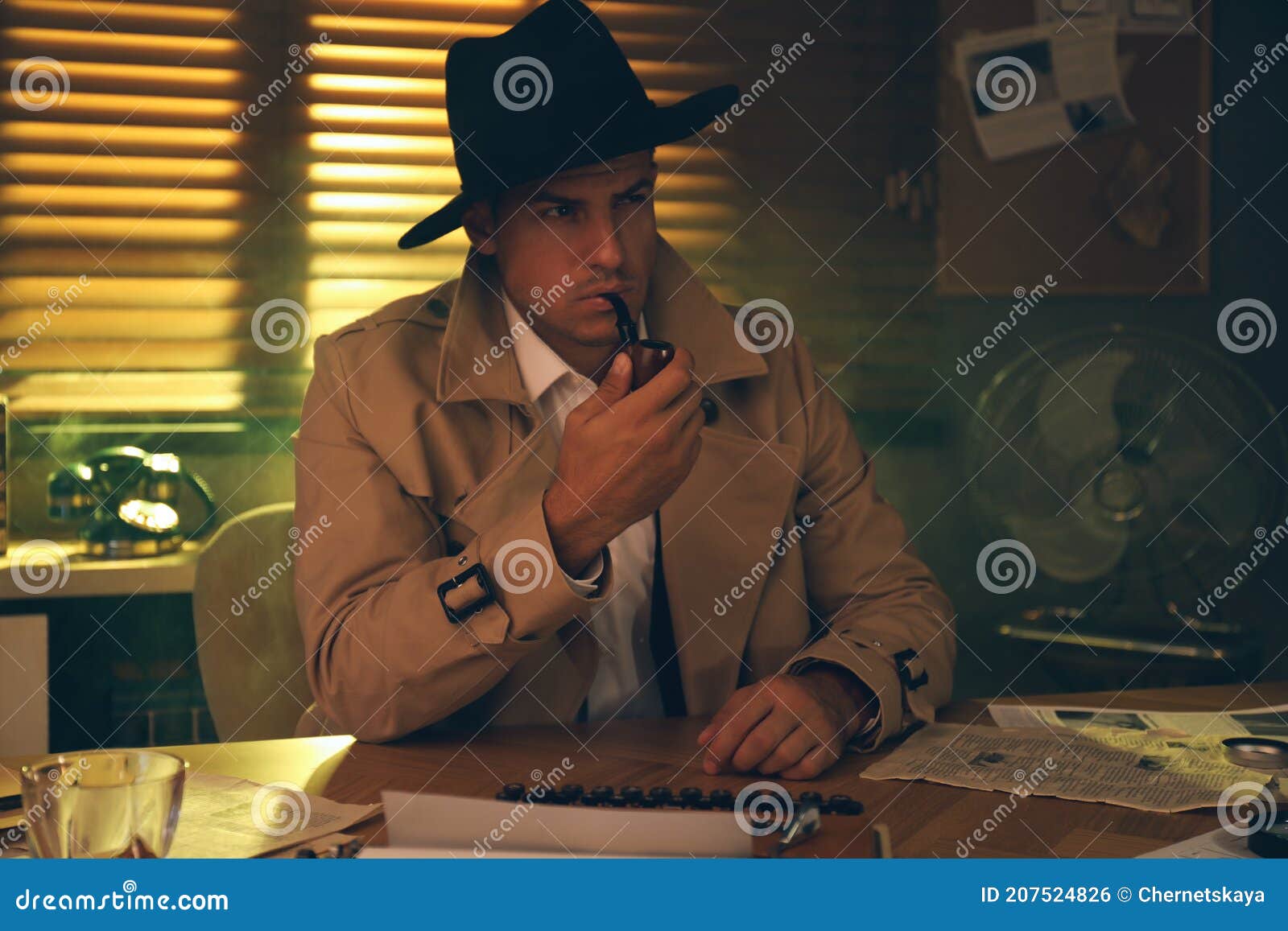 Old Fashioned Detective with Smoking Pipe at Table in Office Stock ...