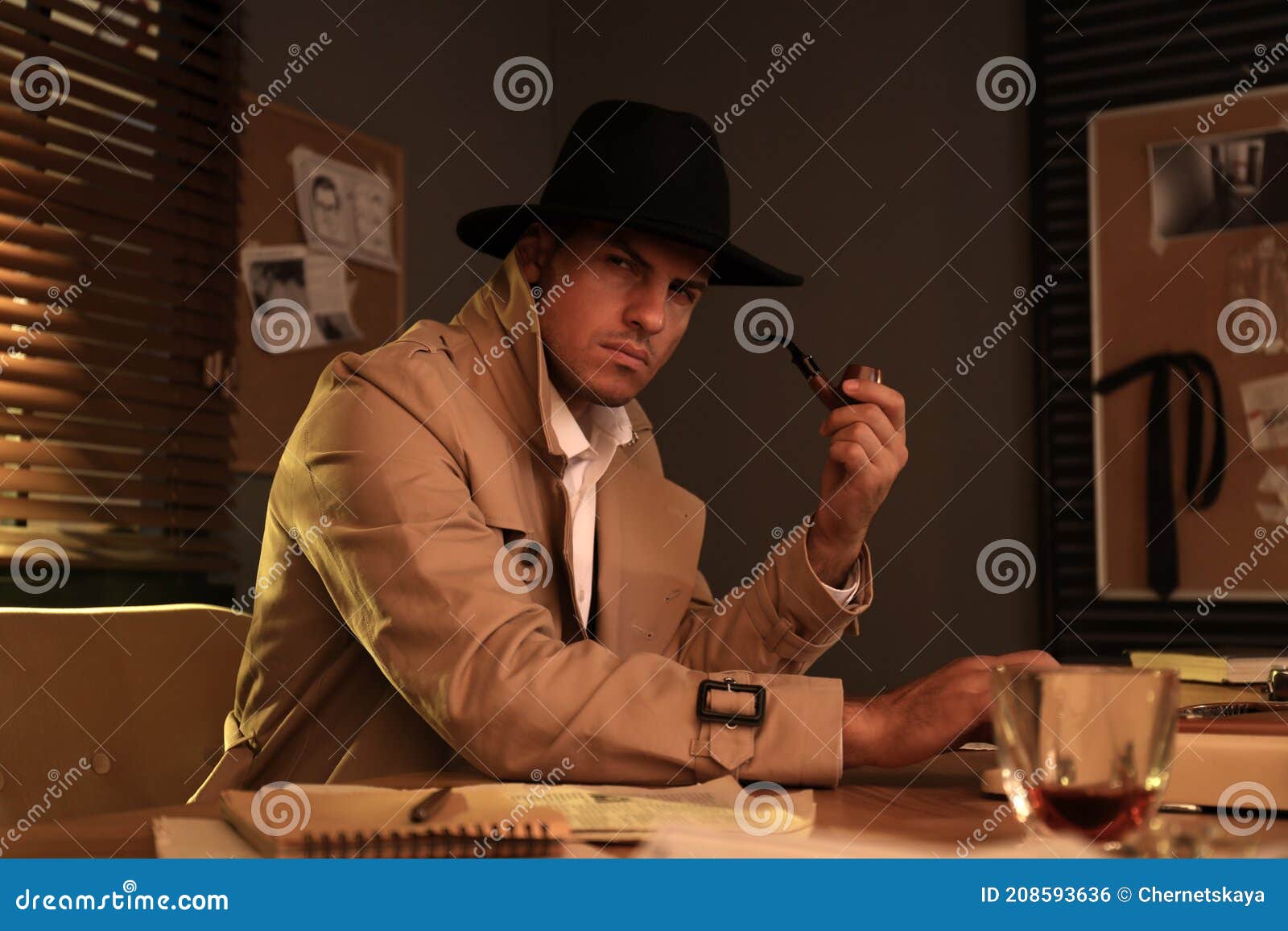 Old Fashioned Detective with Smoking Pipe Using Typewriter at Table in ...