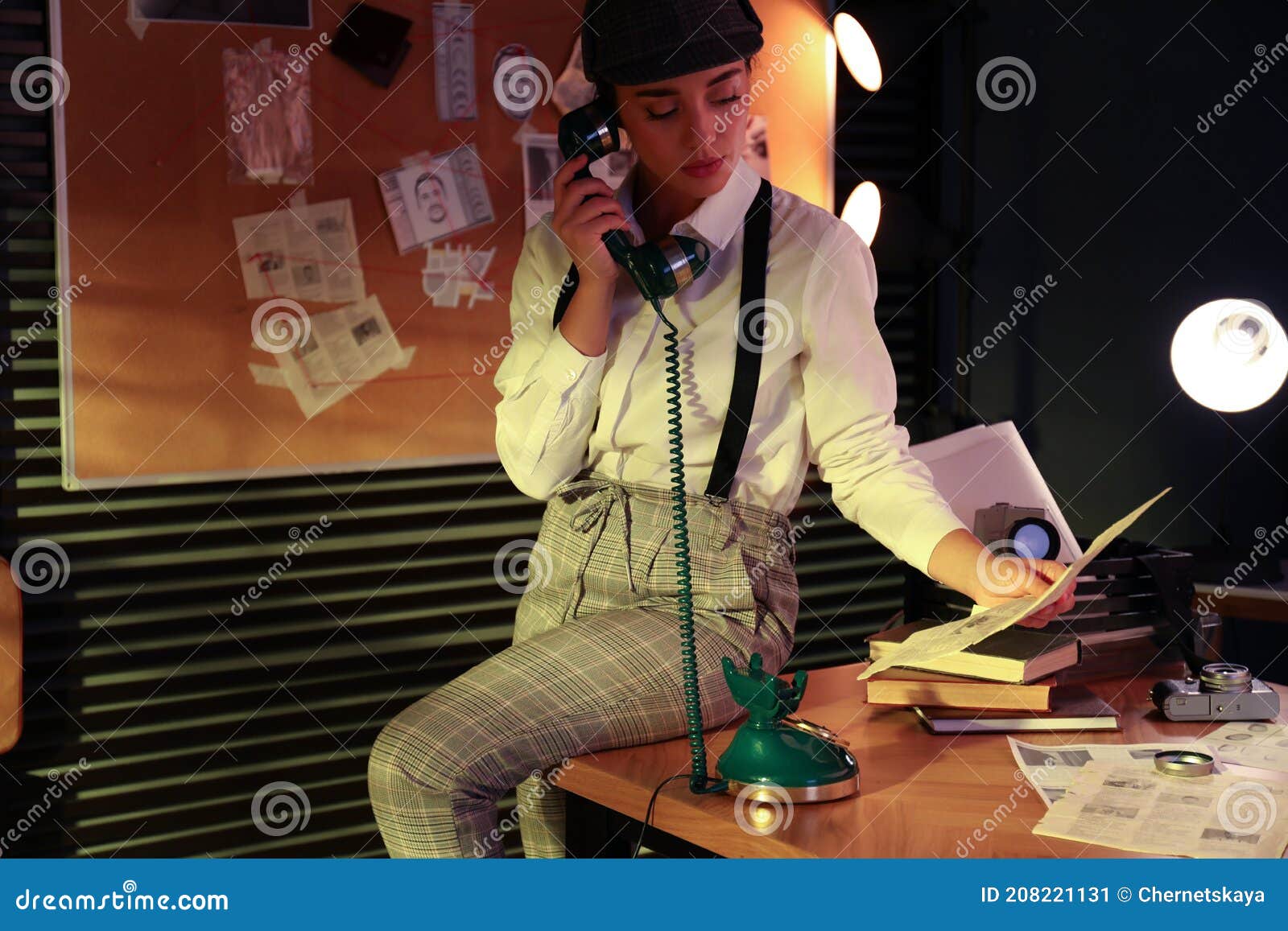 Old Fashioned Detective Talking on Phone in Office Stock Image - Image ...