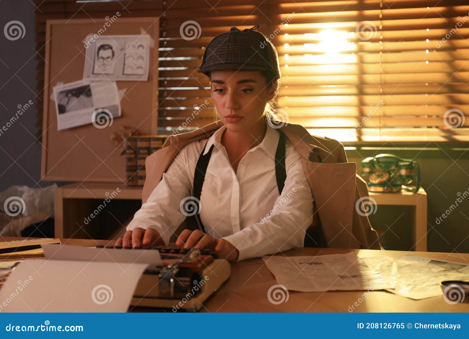 Old Fashioned Detective Using Typewriter at Table in Office Stock Image ...
