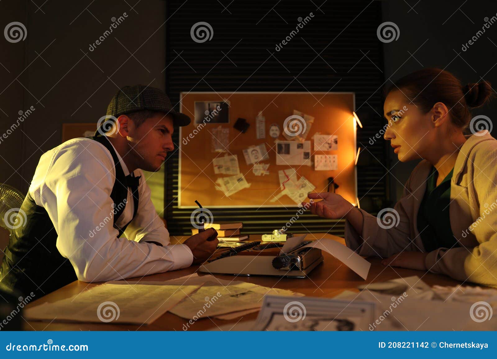 Old Fashioned Detective Working with Client in Office Stock Photo ...