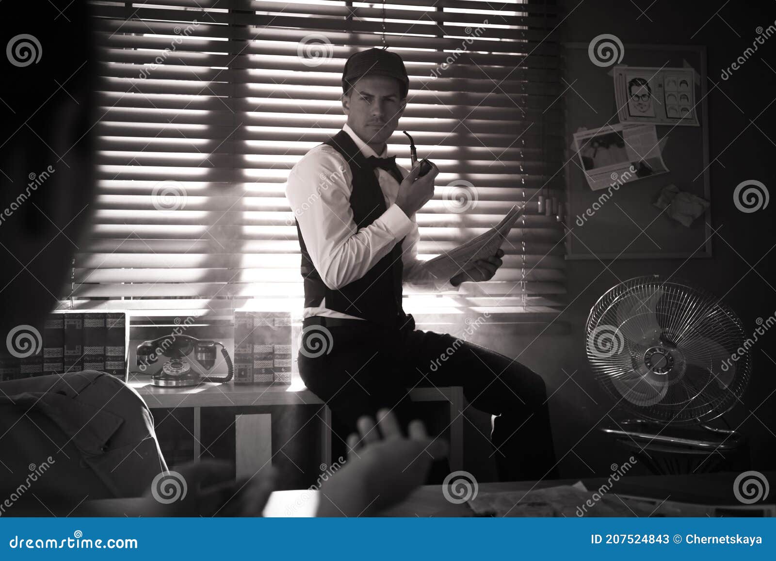 Old Fashioned Detective Working with Client in Office. Black and White ...