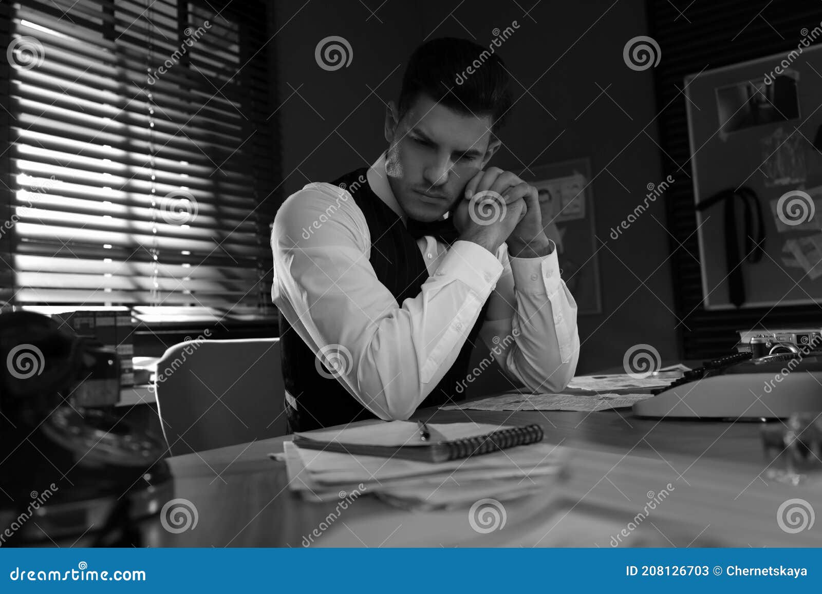 Old Fashioned Detective Working at Table in Office. Black and White ...
