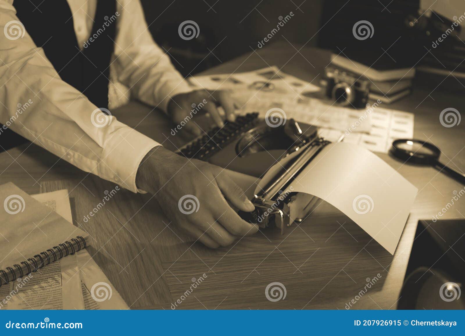 Old Fashioned Detective Working with Typewriter at Table in Office ...