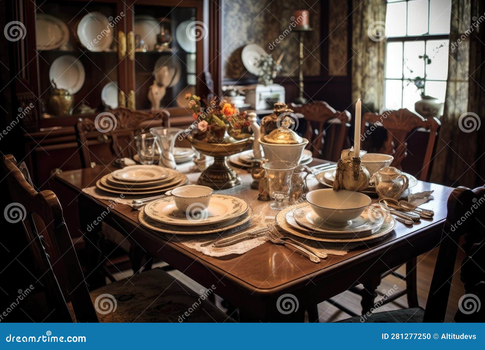 Old-fashioned Dining Table Set with Vintage China and Silverware Stock ...