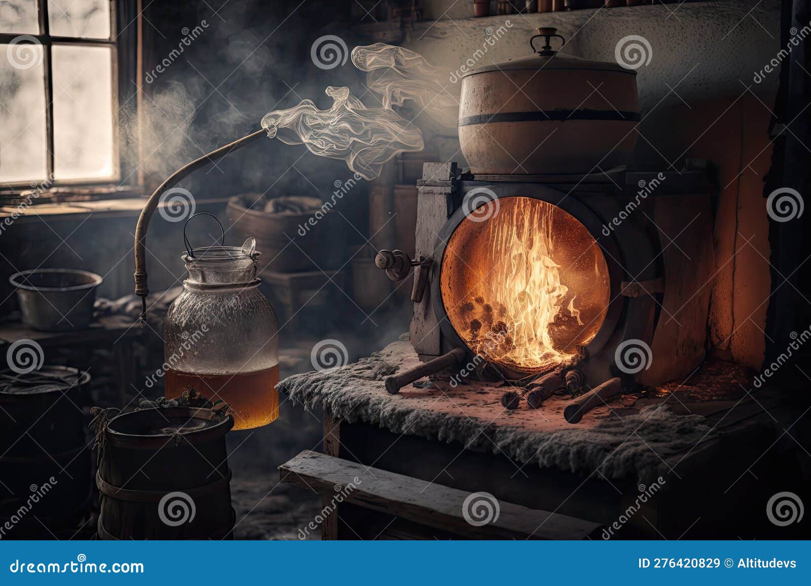 An Old-fashioned Evaporator with a Fire Burning Underneath, Boiling the ...