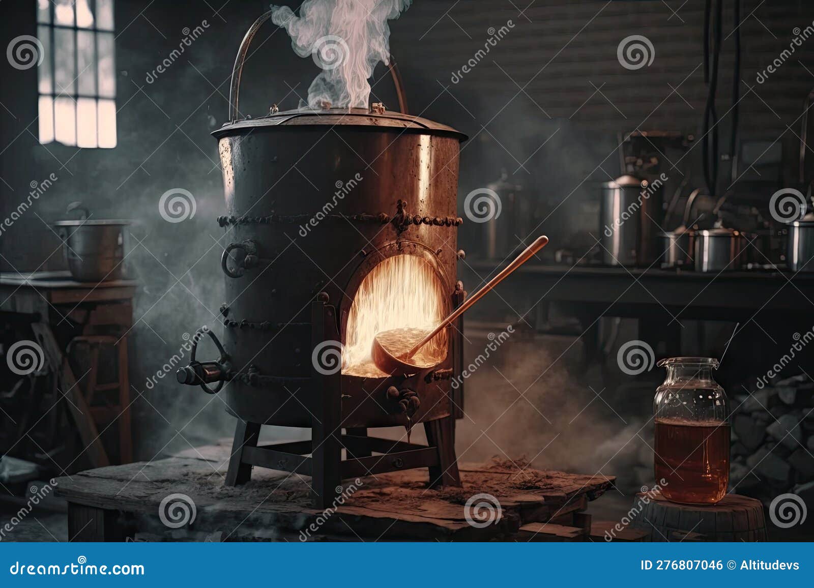 An Old-fashioned Evaporator with a Fire Burning Underneath, Boiling the ...