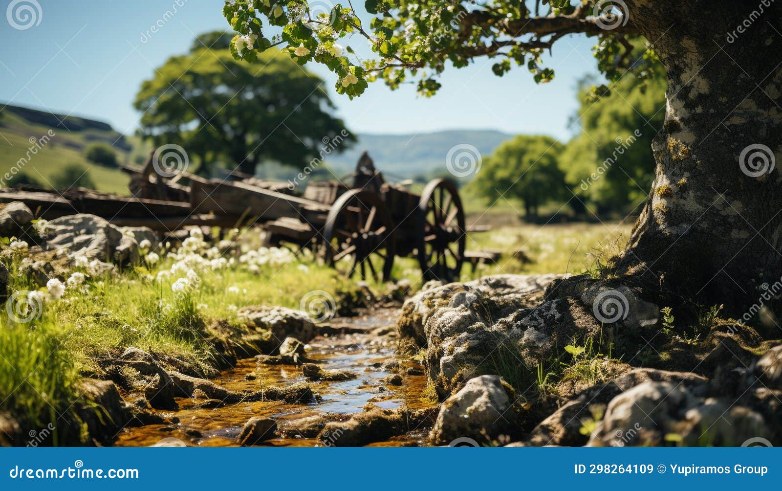 Old Fashioned Farm Machinery Abandoned in Rustic Meadow, Surrounded by ...