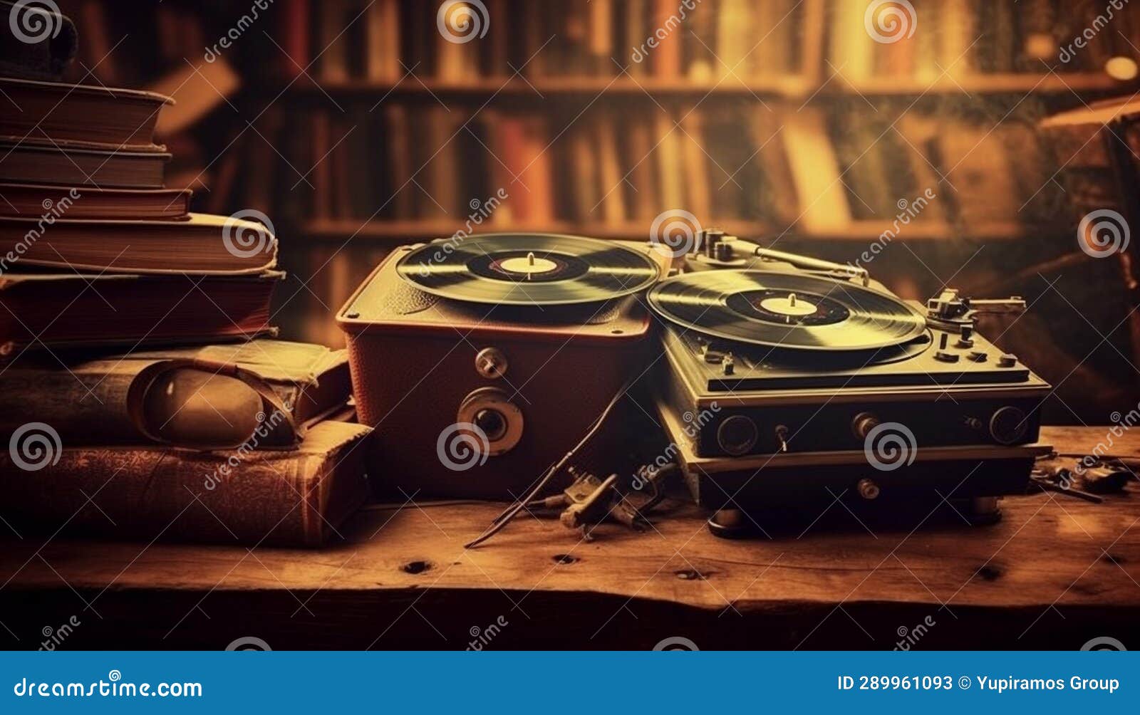 Old Fashioned Gramophone on Table, Nostalgia Stack of Retro Books ...